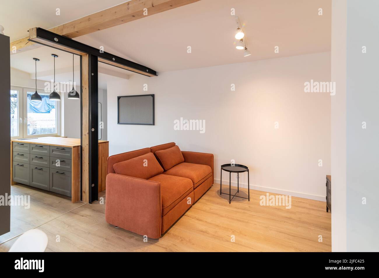 Salmon-colored sofa in a modern living room Stock Photo - Alamy