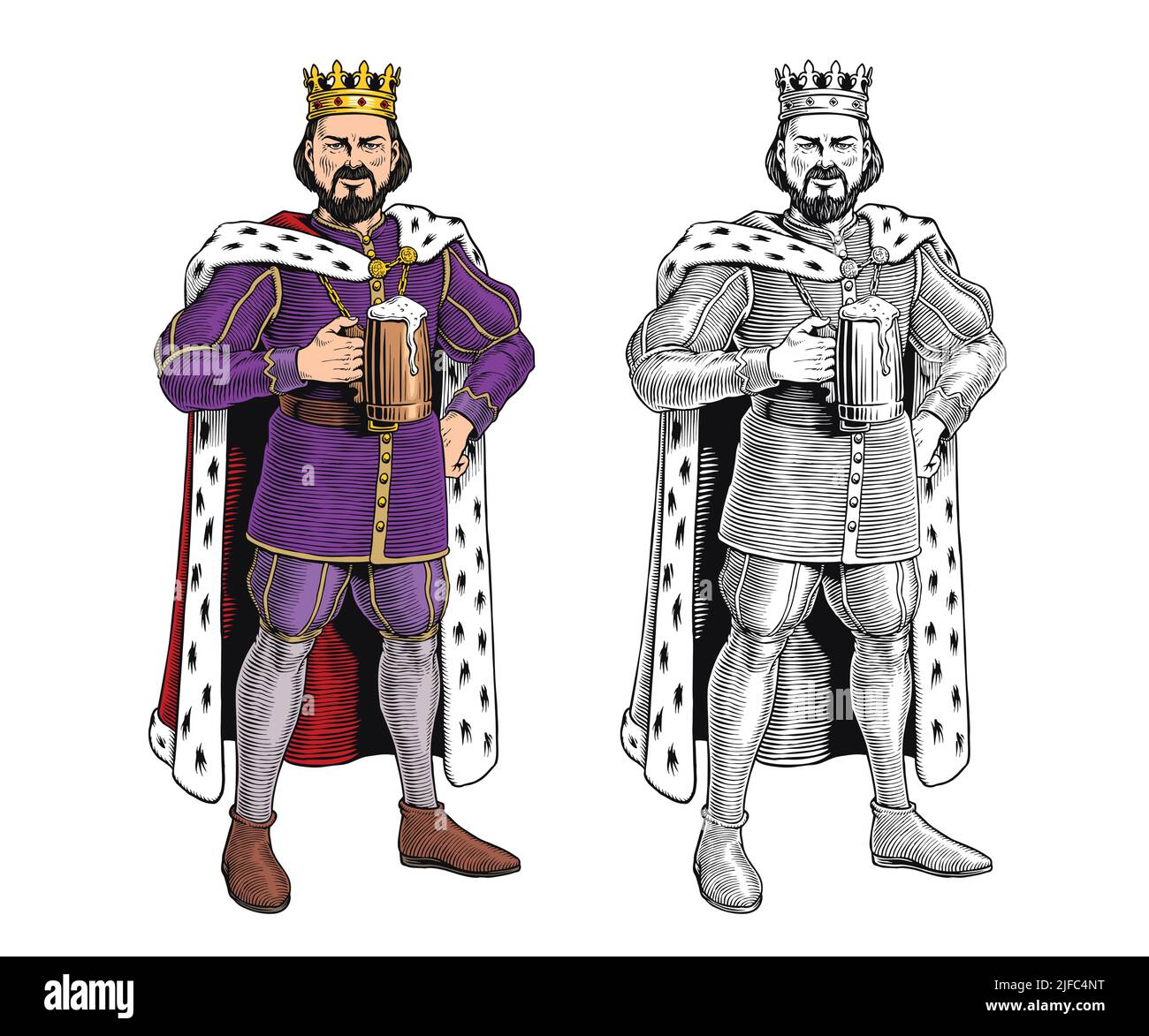 King holding a mug of beer on a white background. Color and black and ...