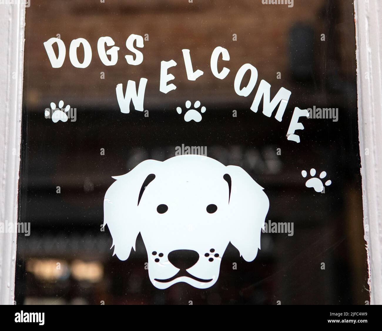 York, UK - June 6th 2022: Dogs Welcome sign in a shop window Stock ...