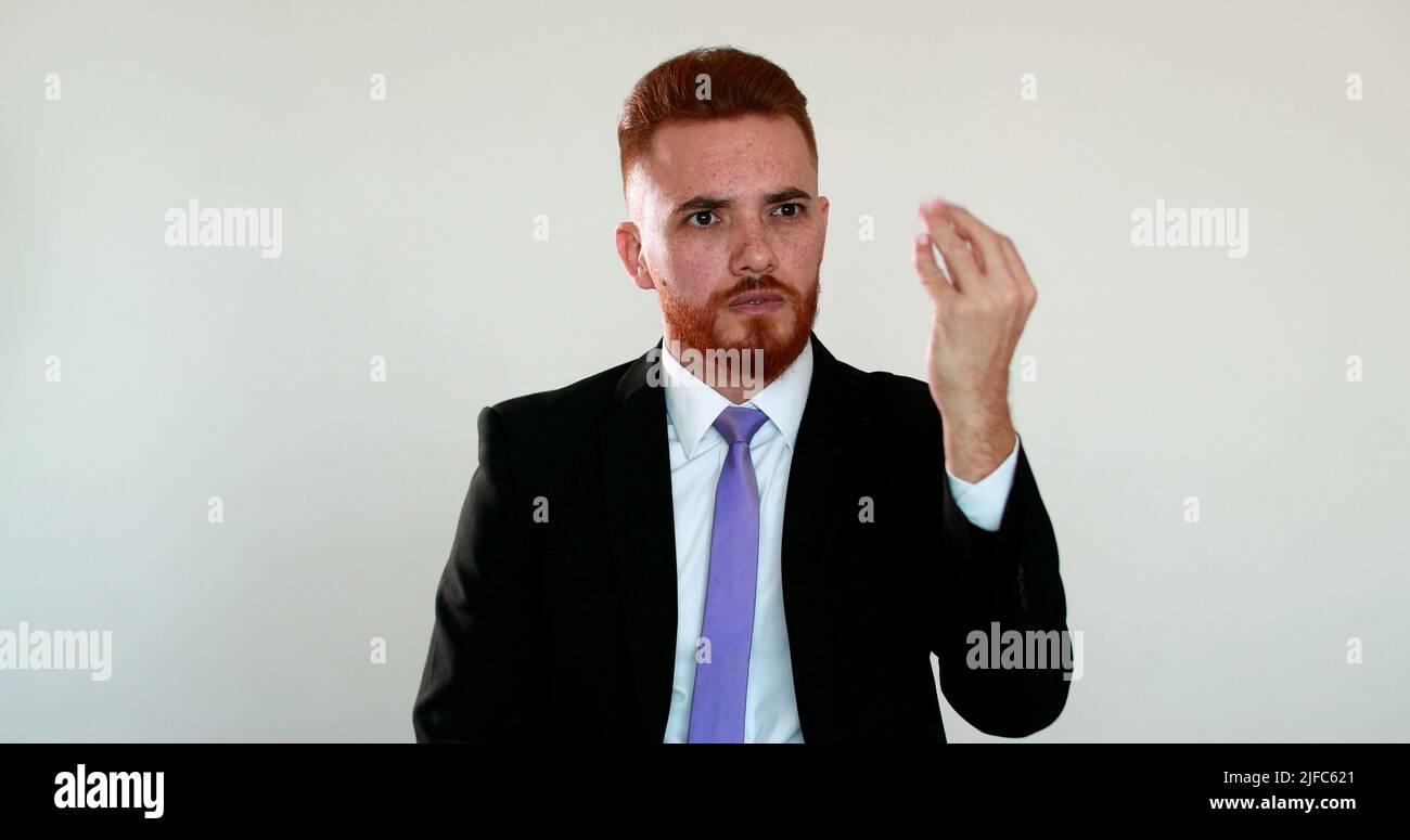 Frustrated business man feeling upset, boss looking at camera in ...
