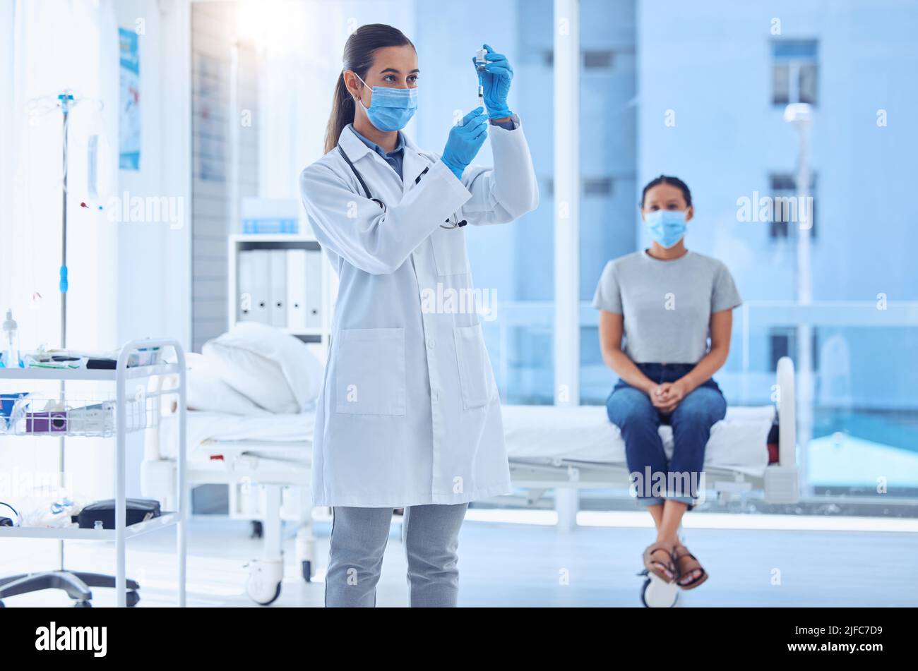 Patient waiting for covid vaccine. Doctor preparing covid cure ...