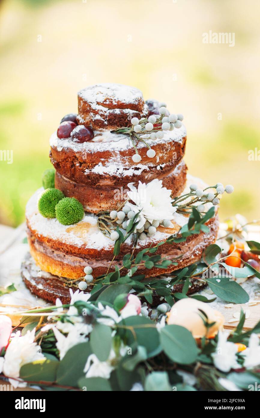 Appetizing wedding cake in rustic style Stock Photo - Alamy