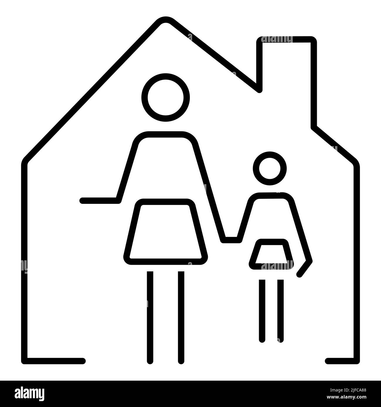 Mother and daughter on house line icon. Single parent family concept ...