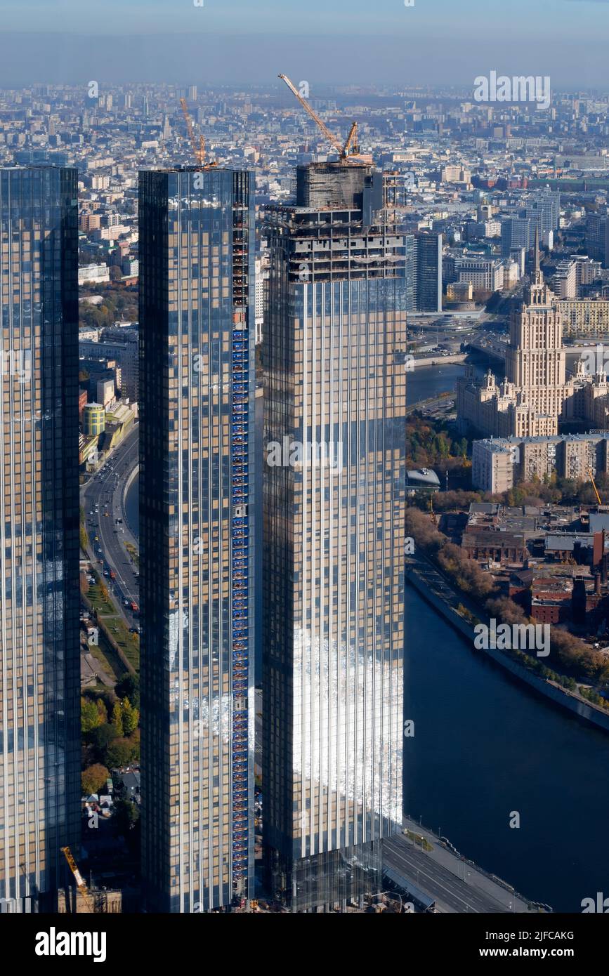 Skyscraper builder. Aerial view of the north of Moscow from the ...