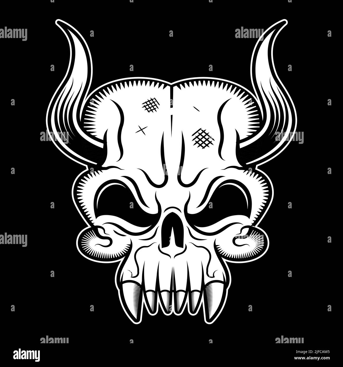 Grunge style art of human skull with goat horns. Print design. Demon ...
