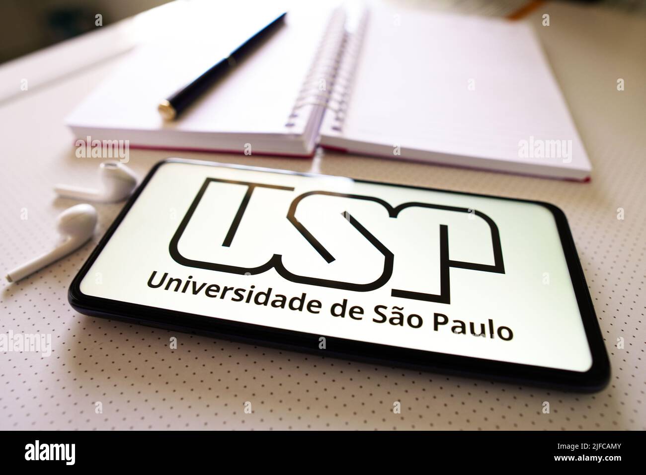 In this photo illustration the Universidade de São Paulo (USP) logo ...