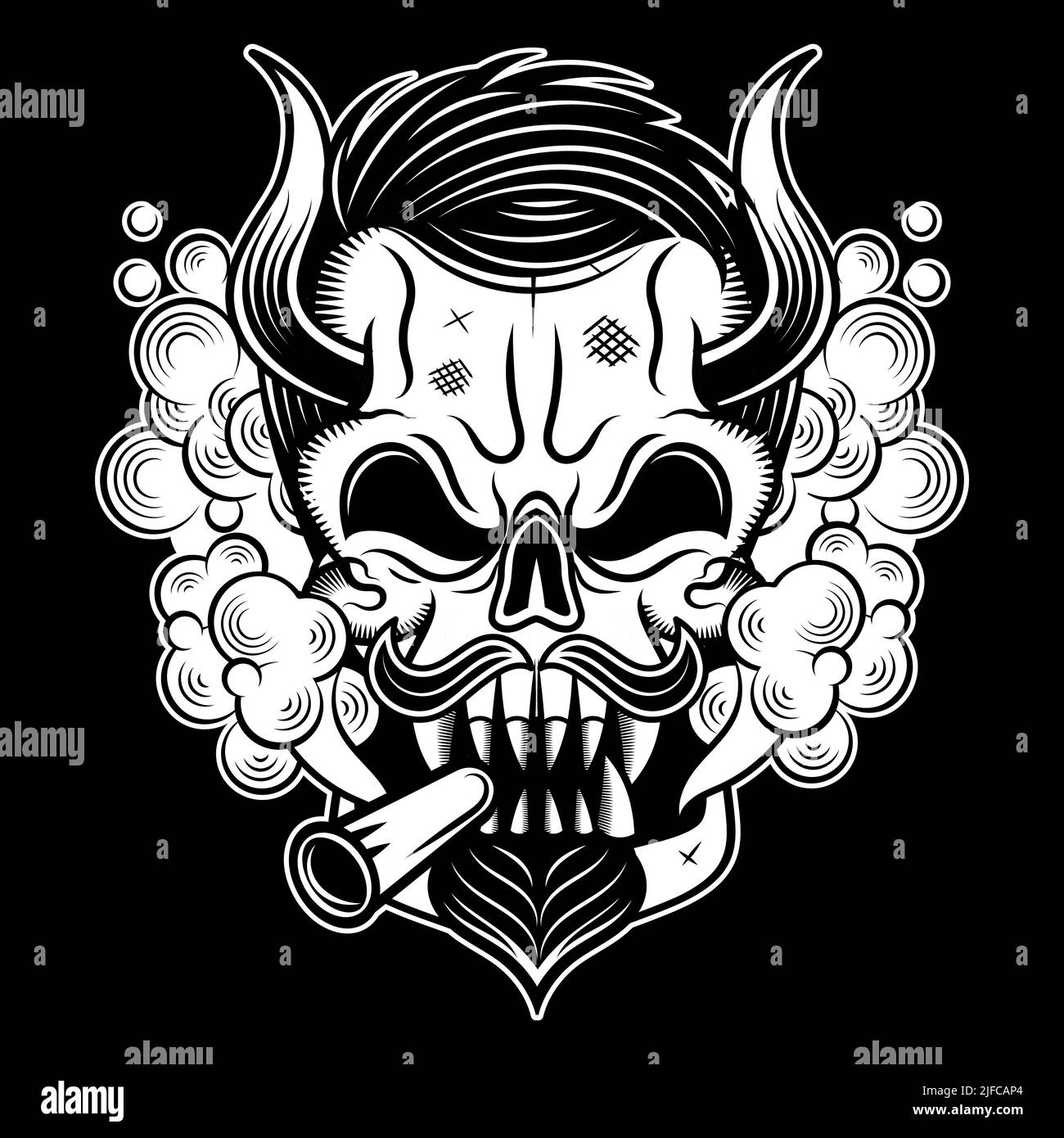 Grunge style art of human skull with goat horns. Print design. Demon ...