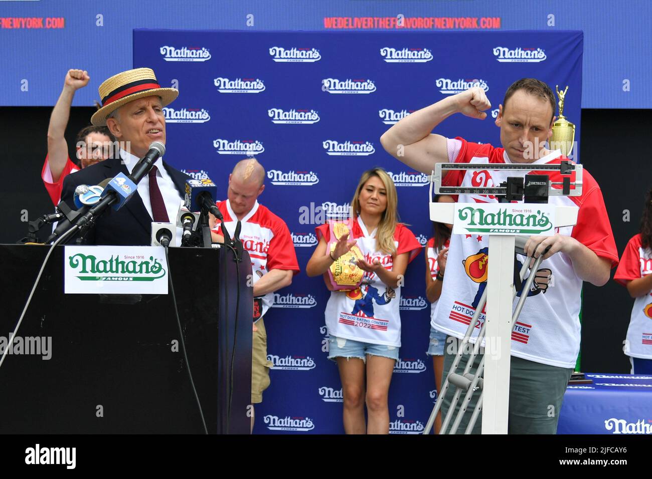 Mens champion Joey Chestnut attends the official weight-in for the ...