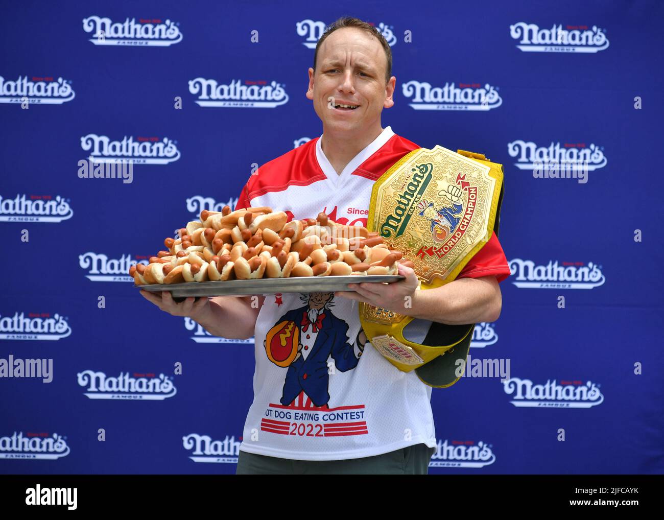 Mens champion Joey Chestnut attends the official weight-in for the ...