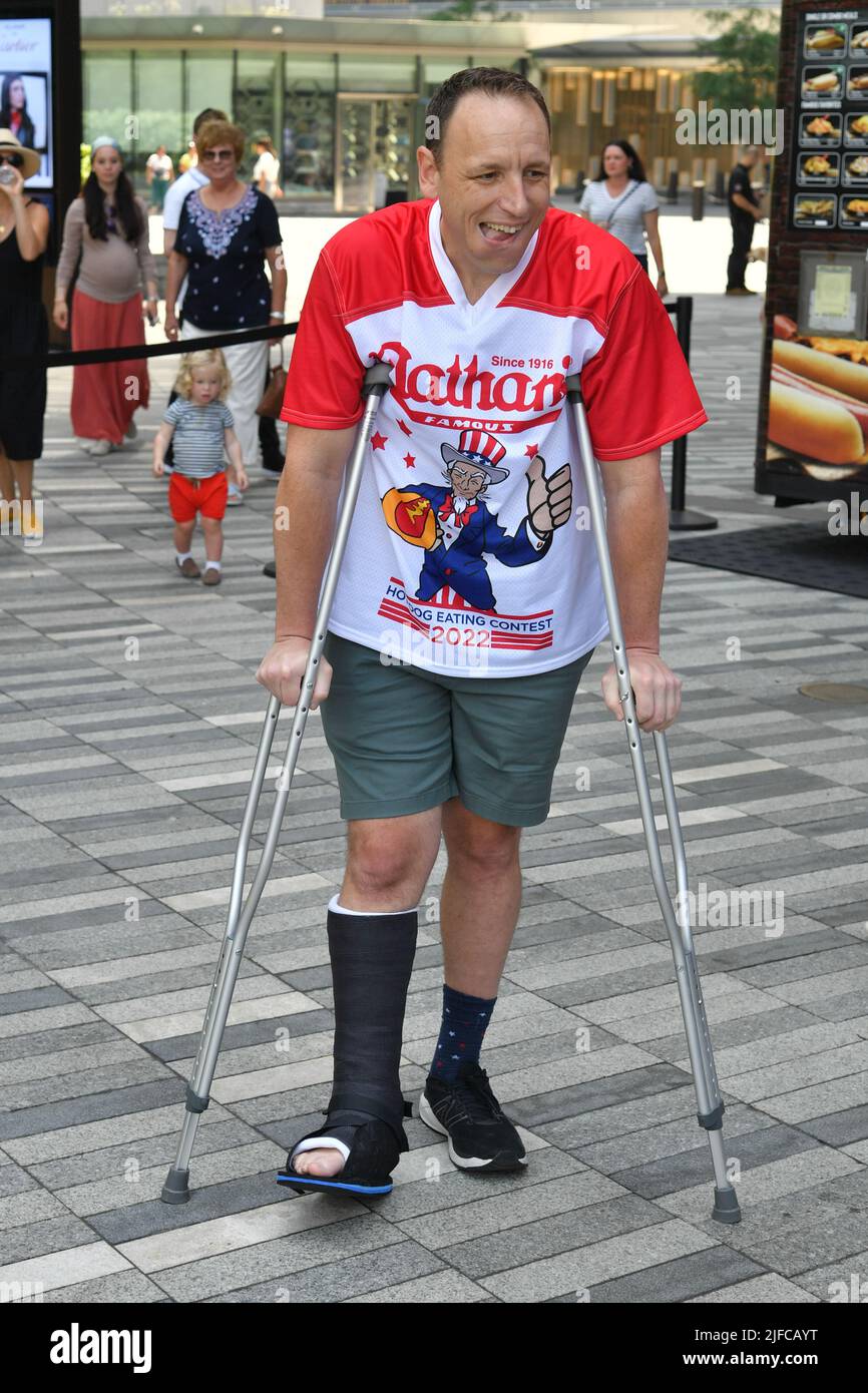 Joey Chestnut attends the official weight-in for the Nathan's Famous ...
