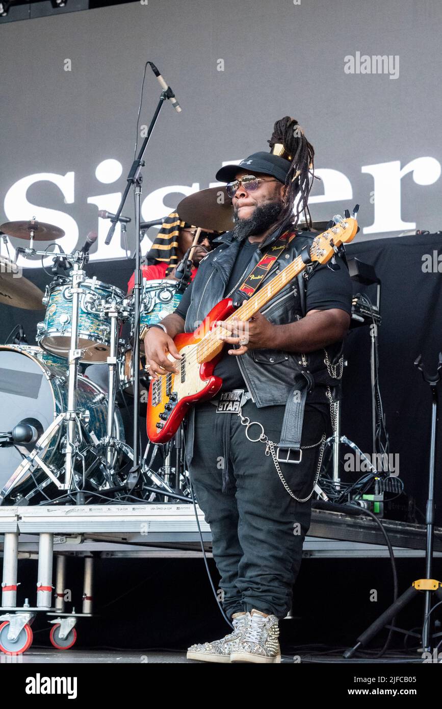 David Jones, D Bazz, bassist with Sister Sledge band performing at the ...