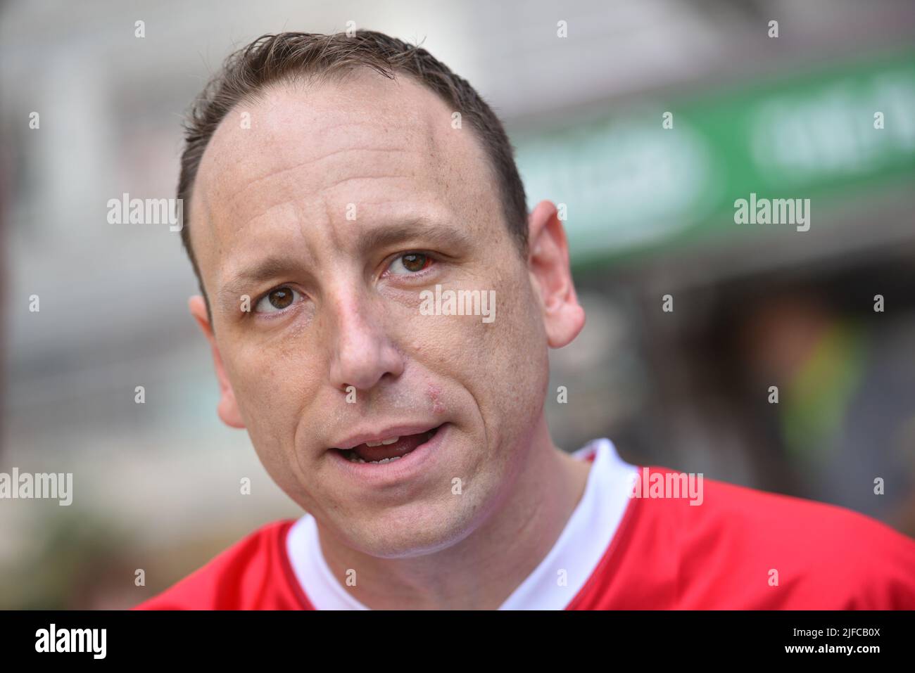 Mens champion Joey Chestnut attends the official weight-in for the ...