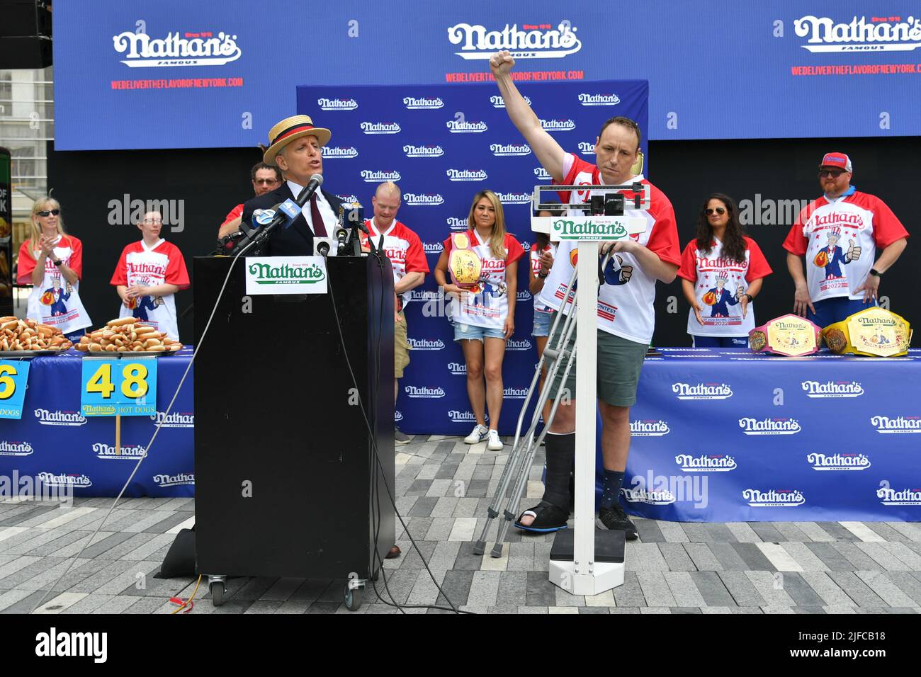 Mens champion Joey Chestnut attends the official weight-in for the ...
