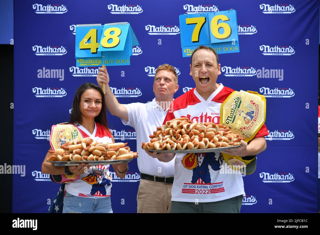 Michelle Lesco and Joey Chestnut attend the official weight-in for the ...