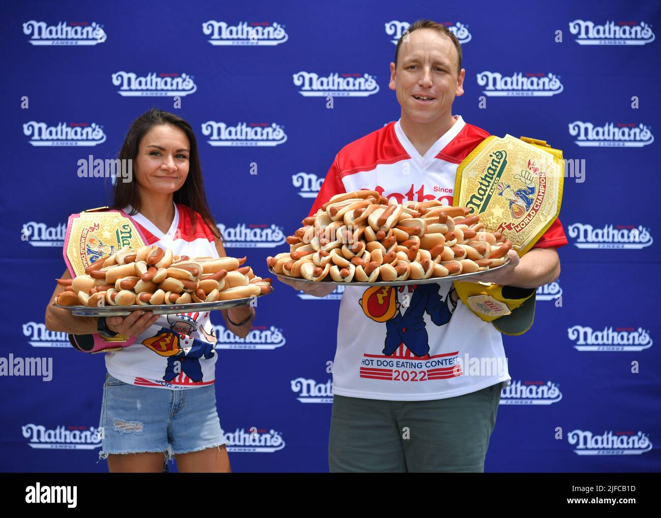 Michelle Lesco and Joey Chestnut attend the official weight-in for the ...
