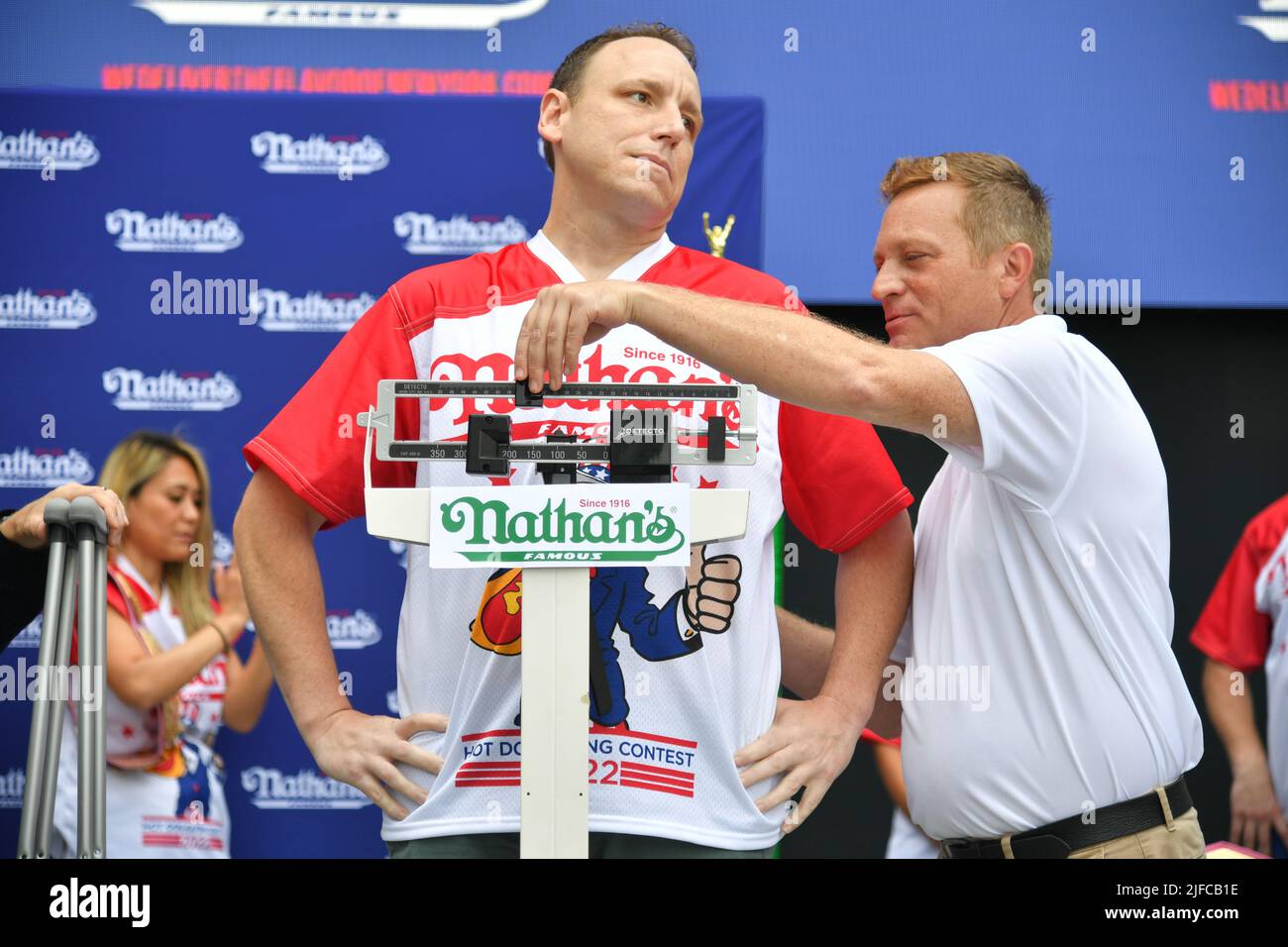 Mens champion Joey Chestnut attends the official weight-in for the ...