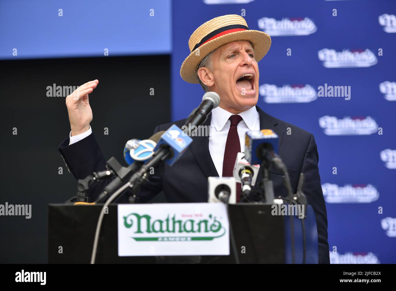 George Shea attends the official weight-in for the Nathan's Famous ...