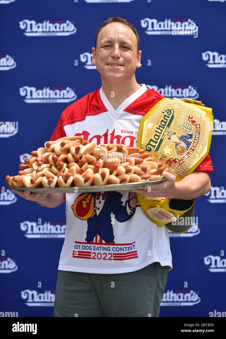 Mens champion Joey Chestnut attends the official weight-in for the ...