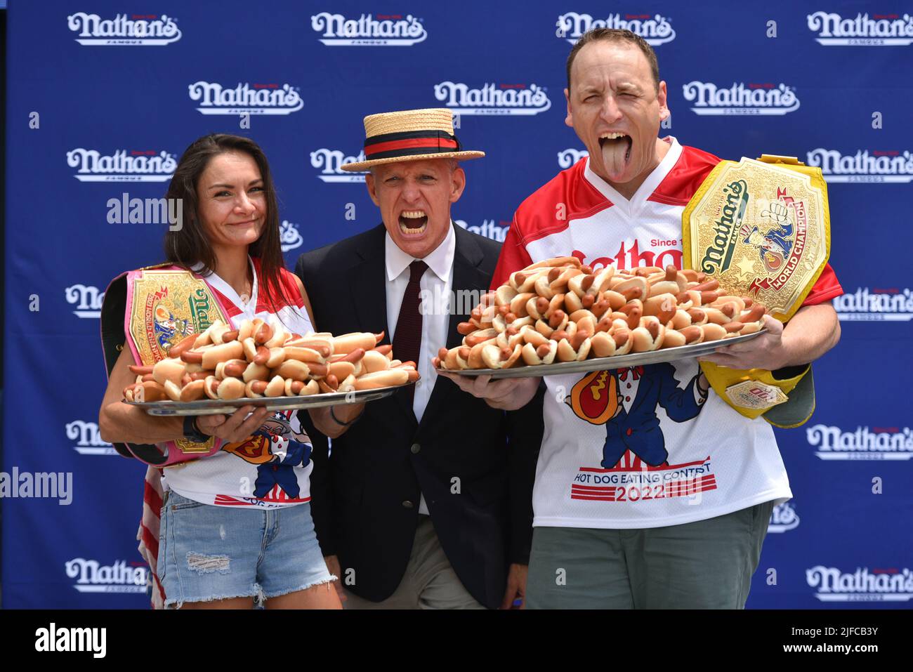 Michelle Lesco, George Shea and Joey Chestnut attend the official ...