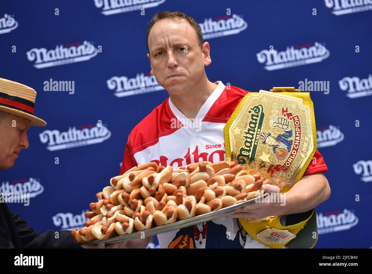 Mens champion Joey Chestnut attends the official weight-in for the ...