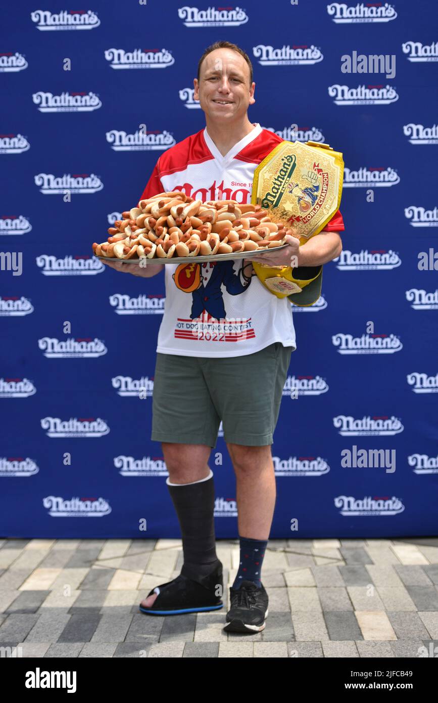 Mens champion Joey Chestnut attends the official weight-in for the ...