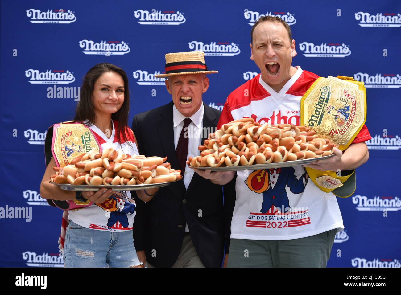 Michelle Lesco, George Shea and Joey Chestnut attend the official ...