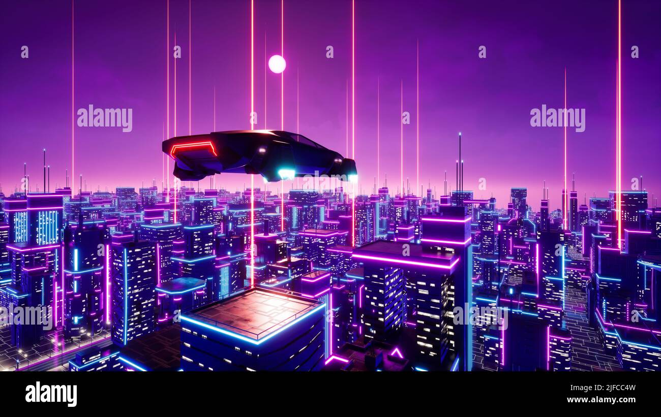 Futuristic transport vehicle with metaverse city. 3d render Stock Photo ...
