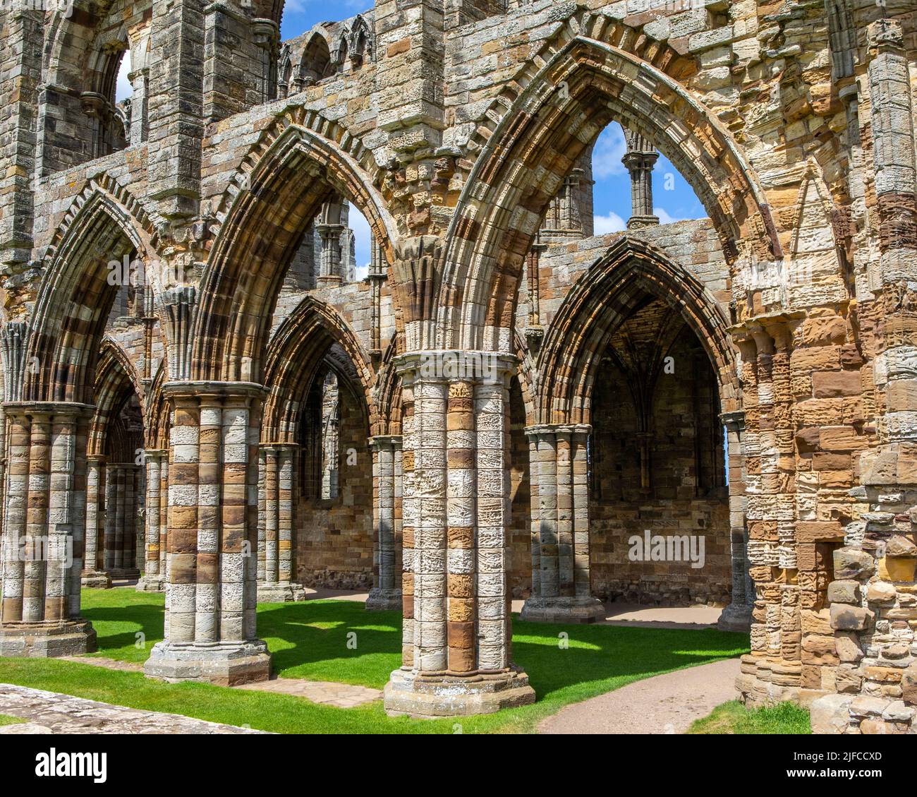 View of the historic Whitby Abbey in the town of Whitby in North ...