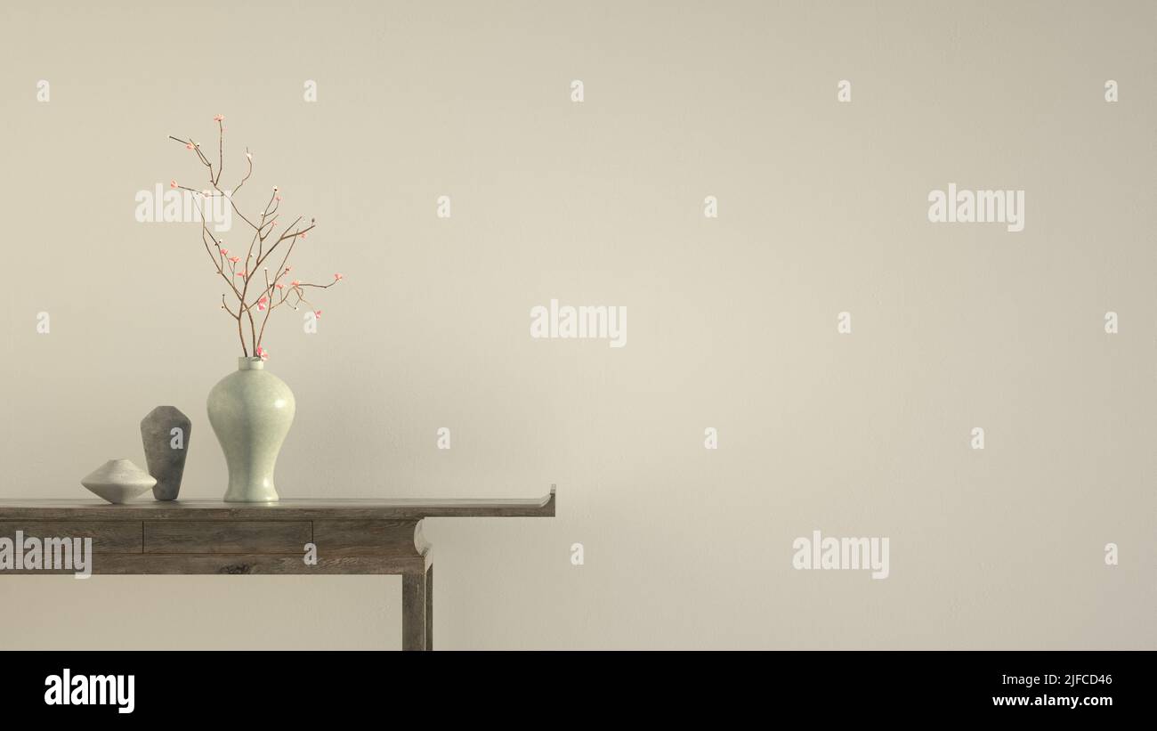 A 3D rendering of a minimalistic background with a plant on a table ...