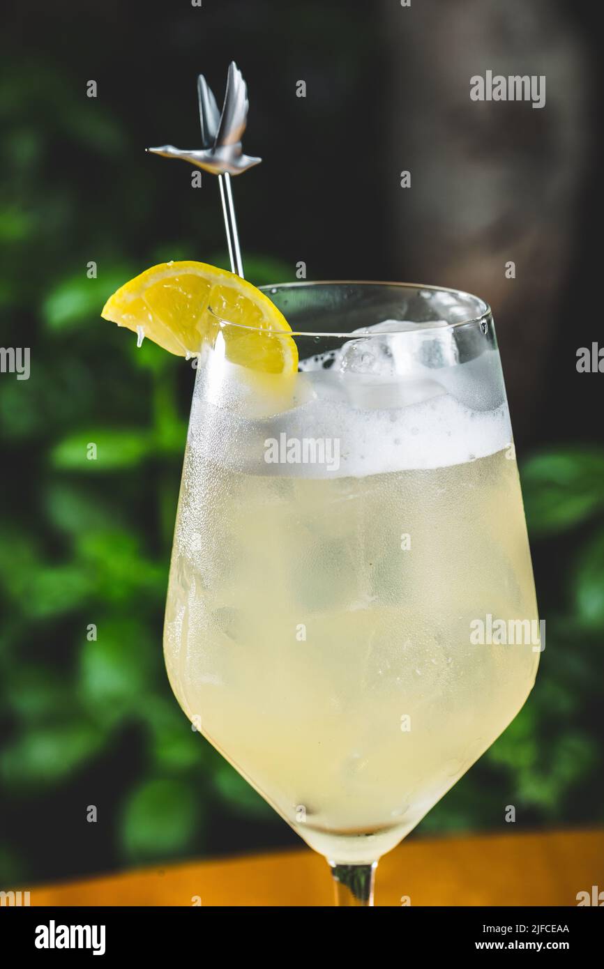 A vertical shot of an alcoholic beverage with ice and lemon on a blurry ...
