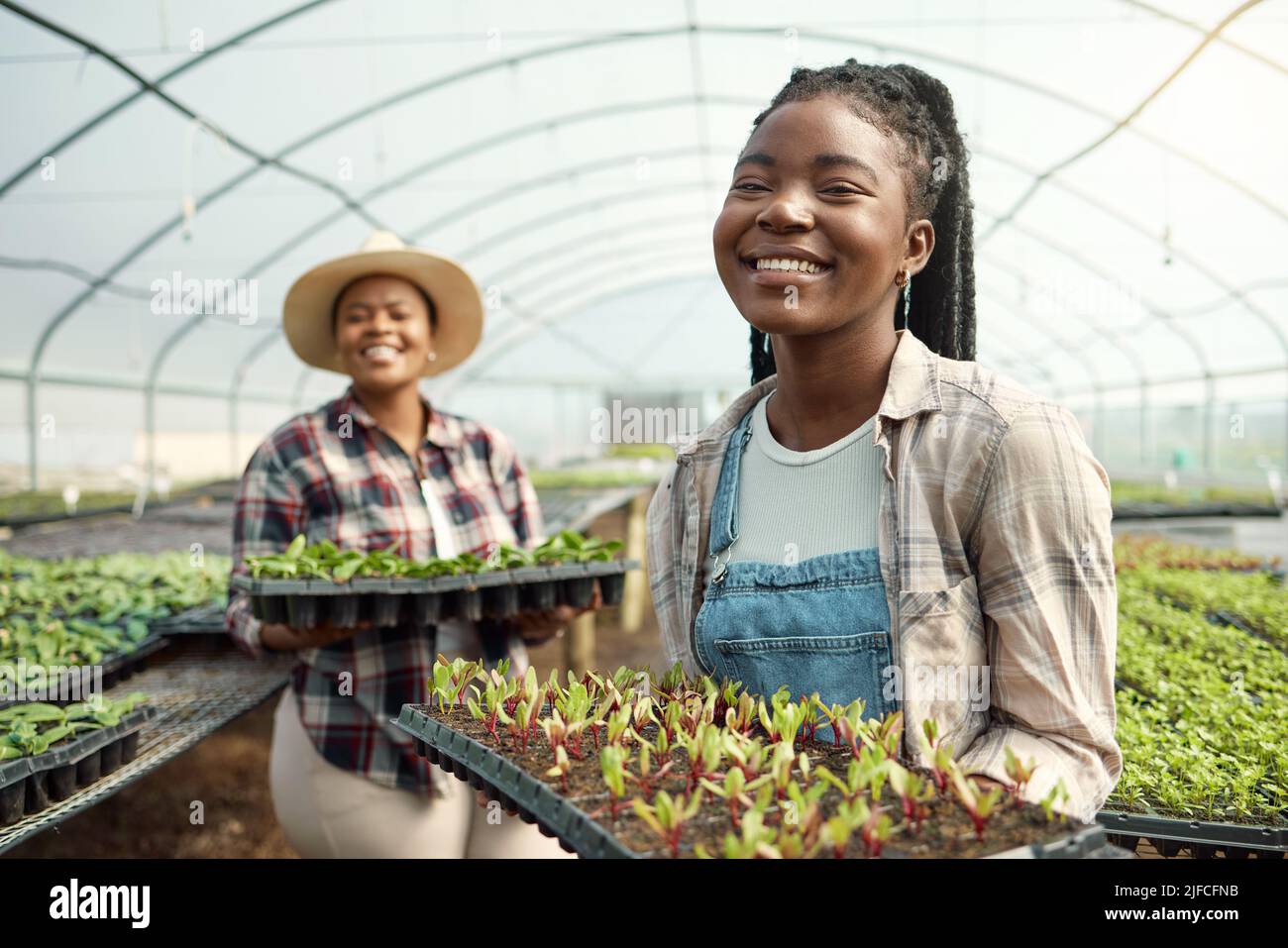 Portrait of farmers holding plant. Coworkers standing in their ...
