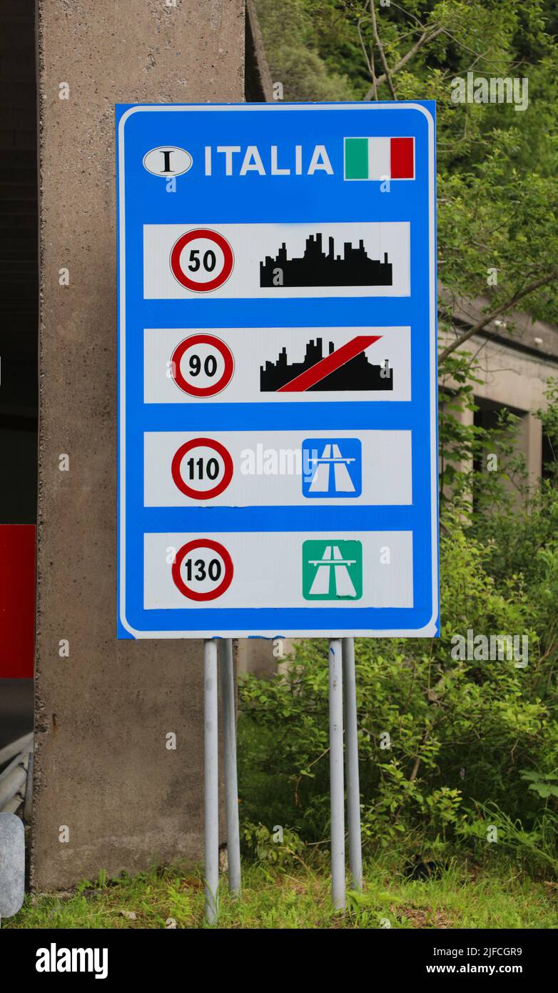 road sign on the border with Italy text with the indications of the ...