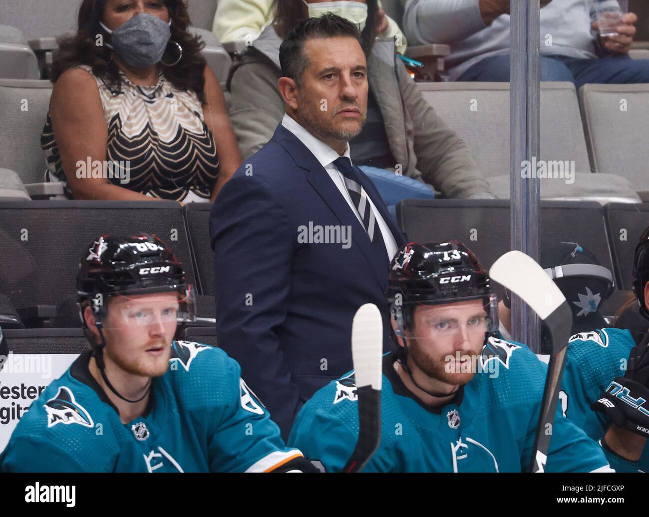 San Jose Sharks head coach Bob Boughner watches the game from the bench ...