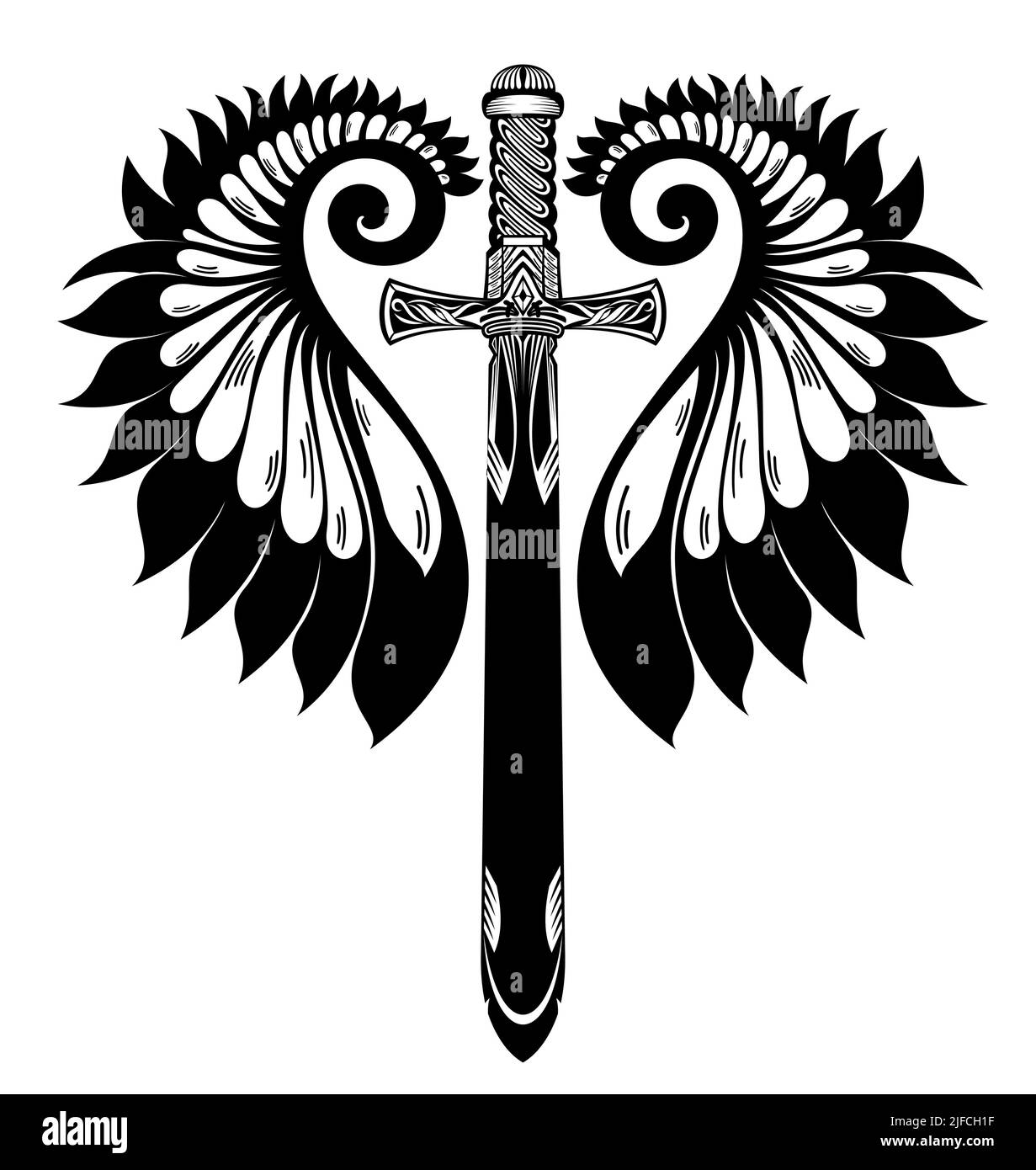 Sword with wings. Winged sword silhouette vector illustration Stock ...