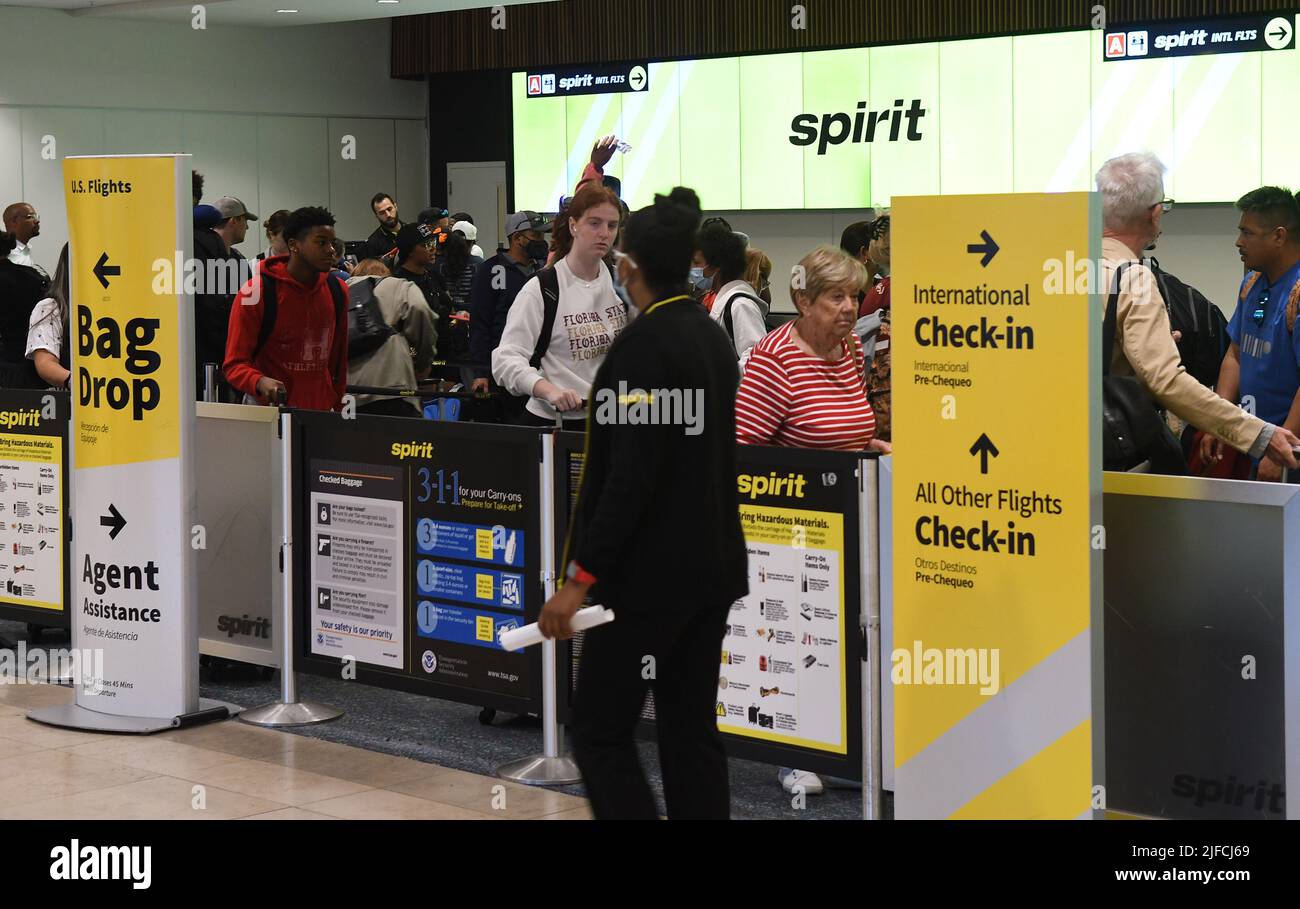 Orlando, United States. 01st July, 2022. Travelers check in at a Spirit ...