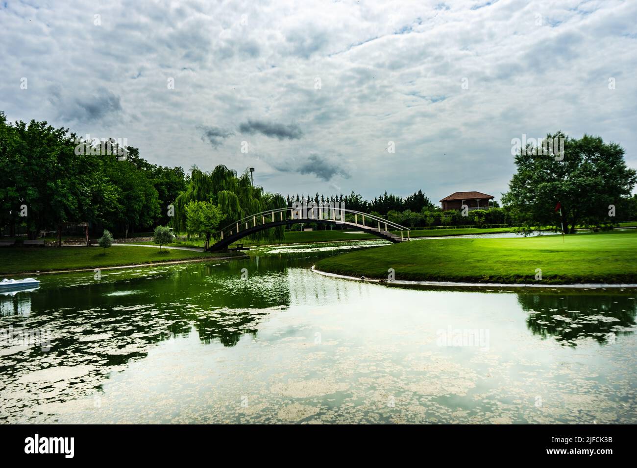 Pond with reflection in golf grassland Stock Photo - Alamy