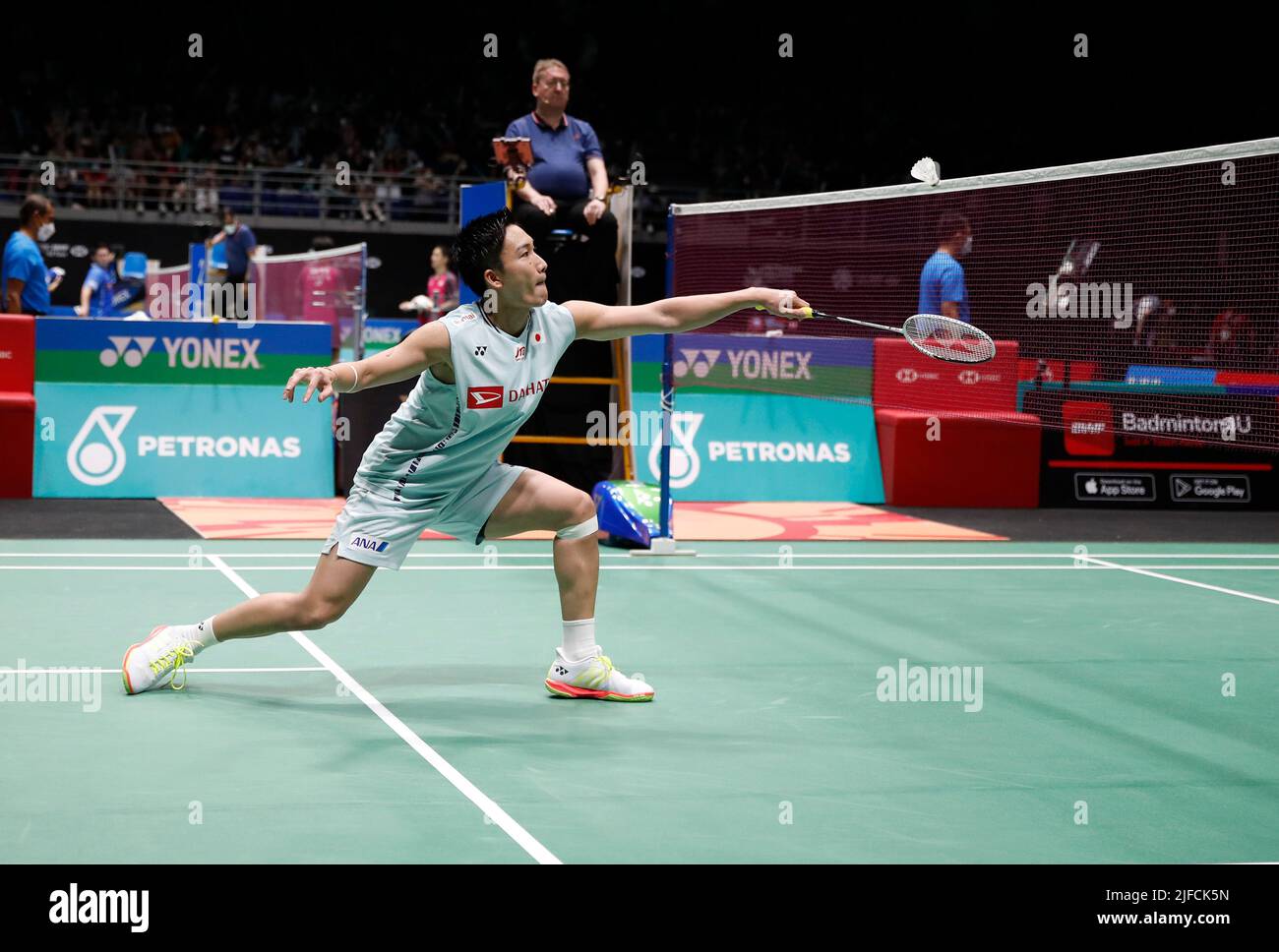 Kento Momota of Japan competes against Shesar Hiren Rhustavito of ...