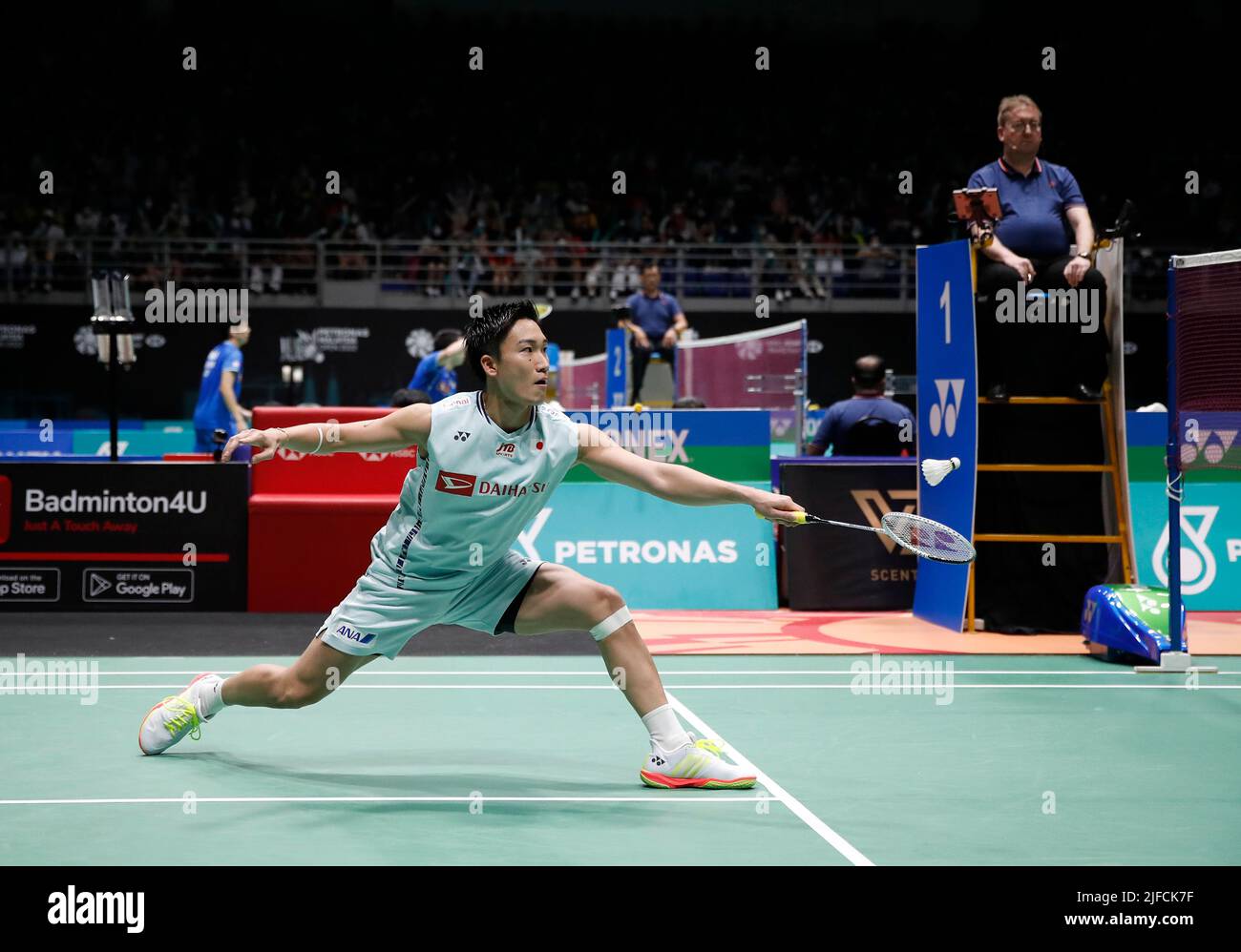 Kento Momota of Japan competes against Shesar Hiren Rhustavito of ...