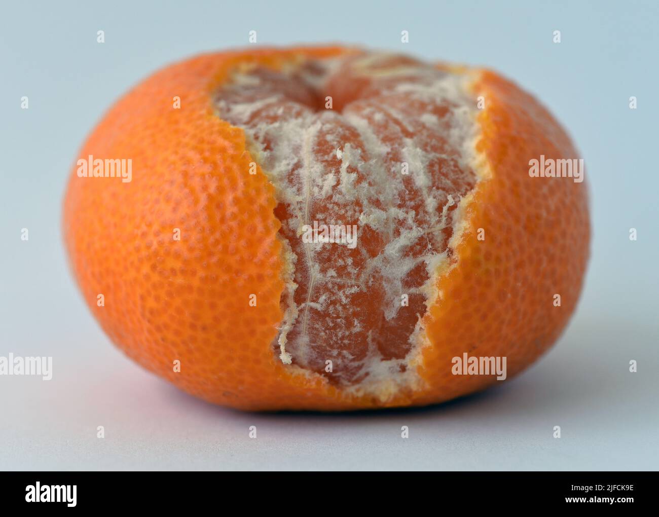 A view of the side of a partially peeled orange fruit with segments ...
