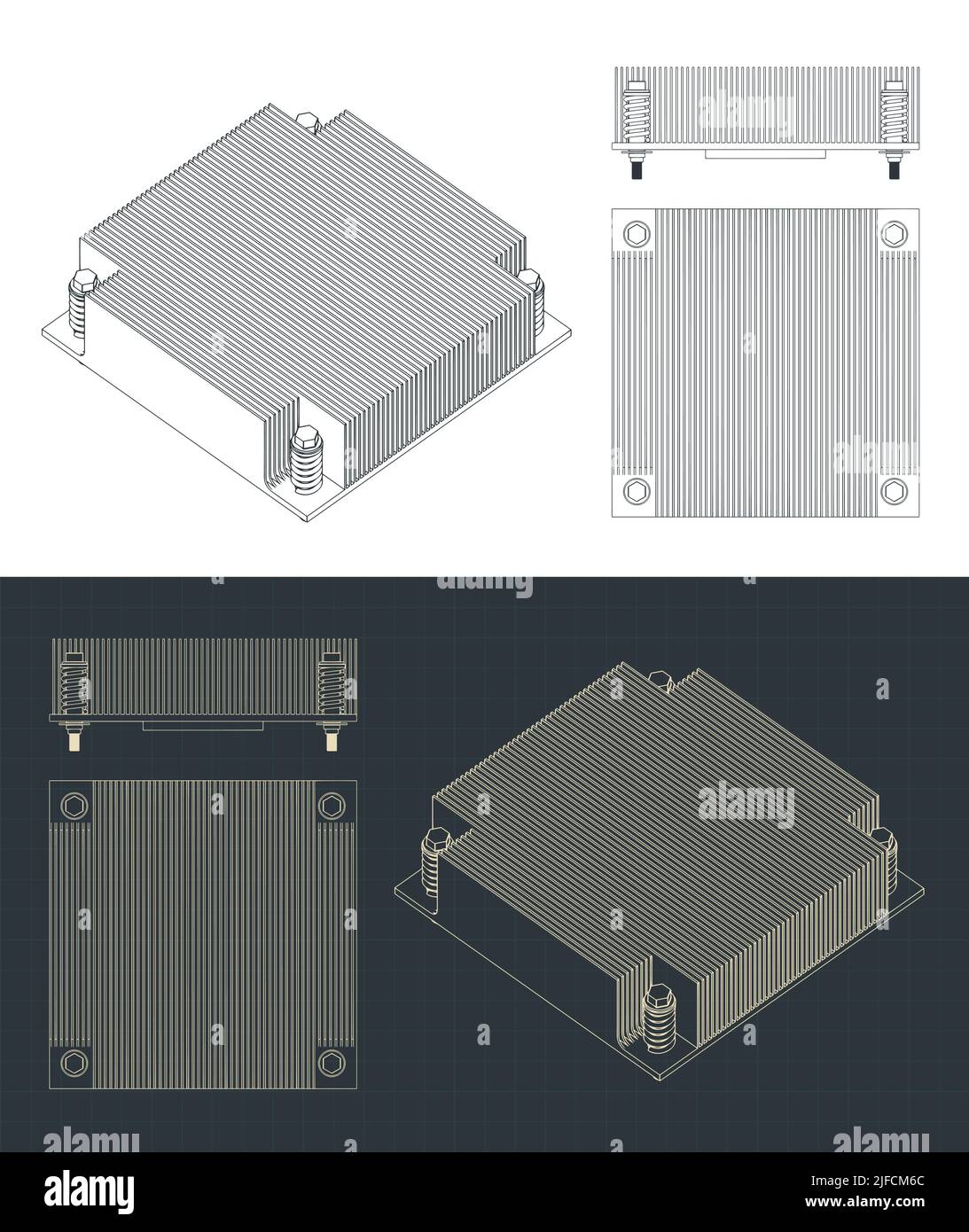 Stylized vector illustration of blueprints of server CPU cooler Stock ...