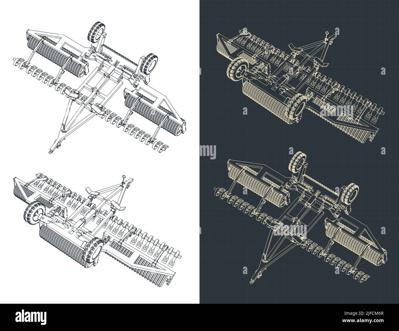 Stylized vector illustration of isometric blueprints of heavy duty soil ...