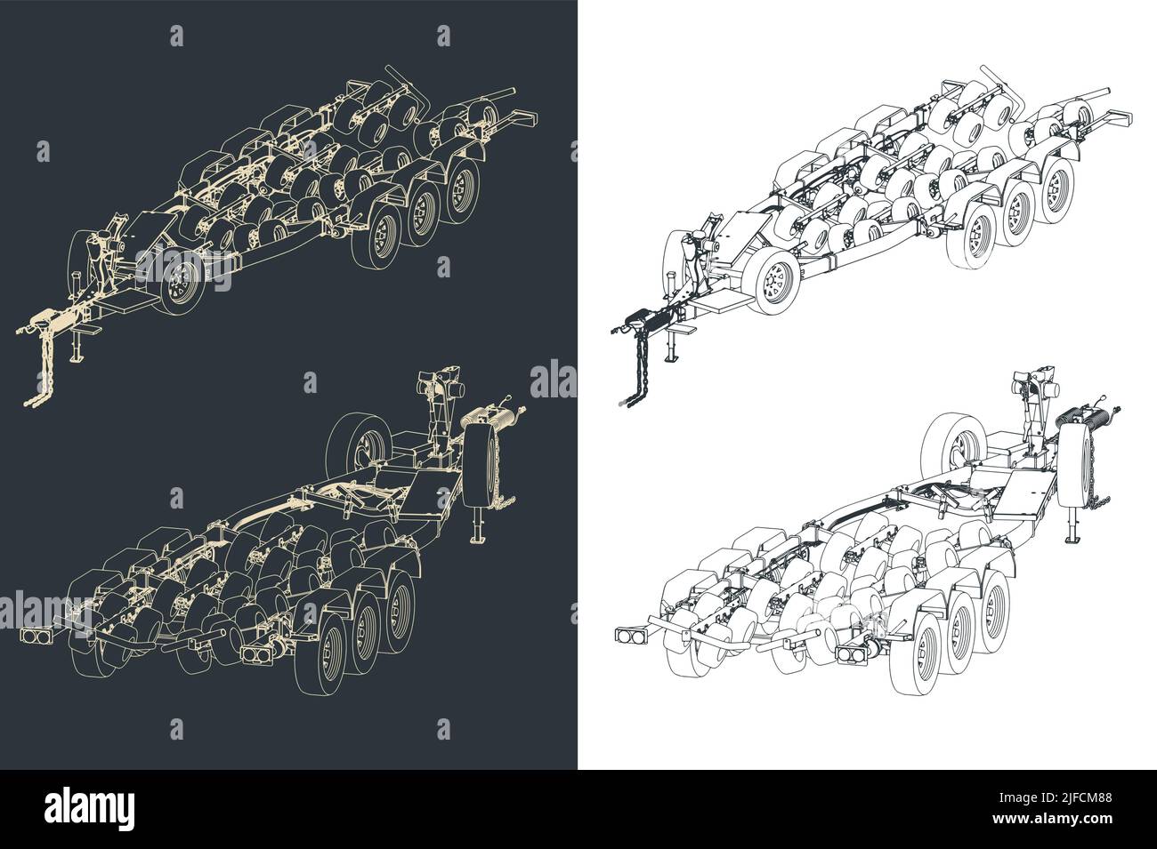 Stylized vector illustration of drawings of a big tri axle boat trailer ...