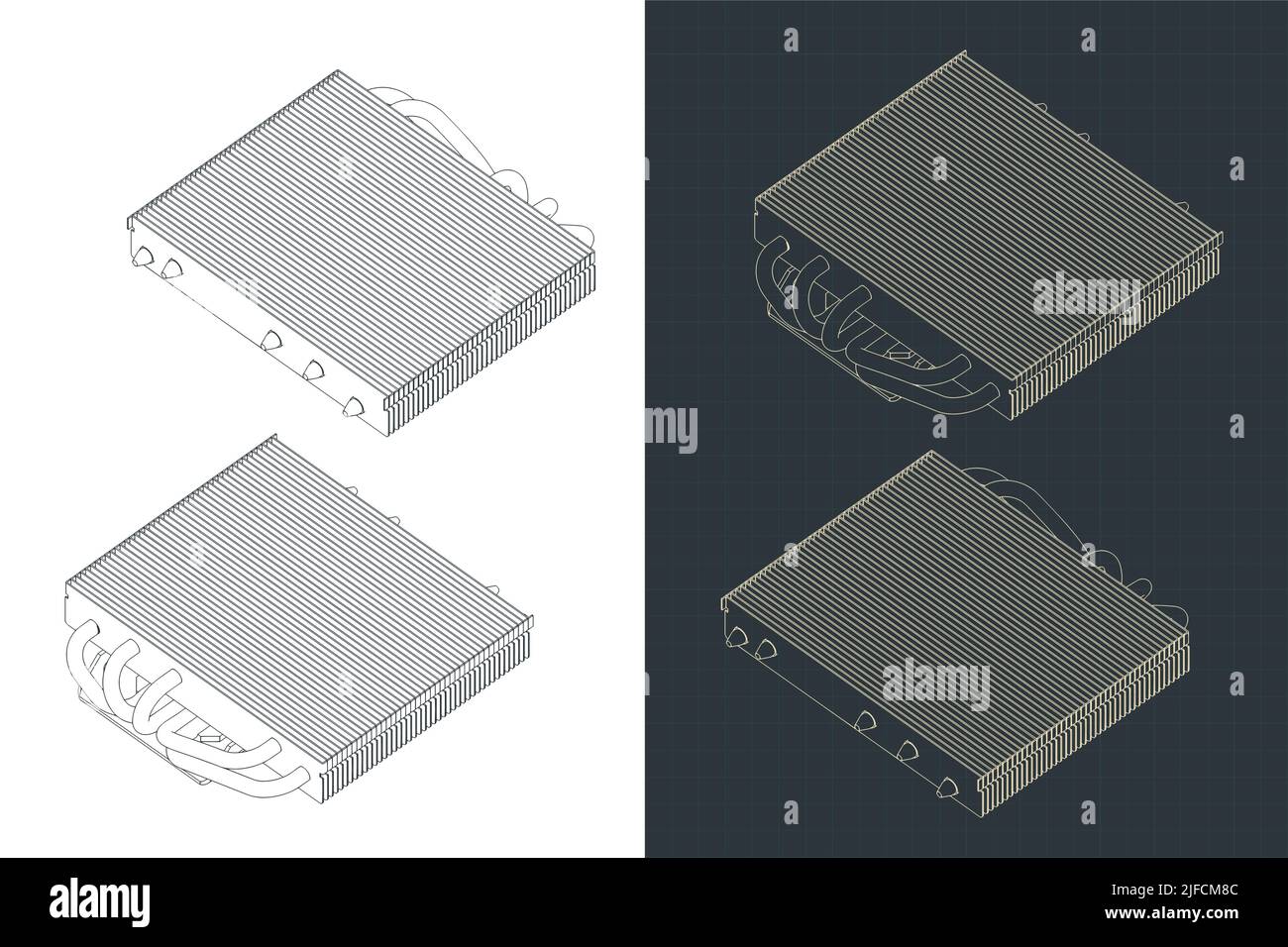 Stylized vector illustration of isometric blueprints of CPU cooler ...