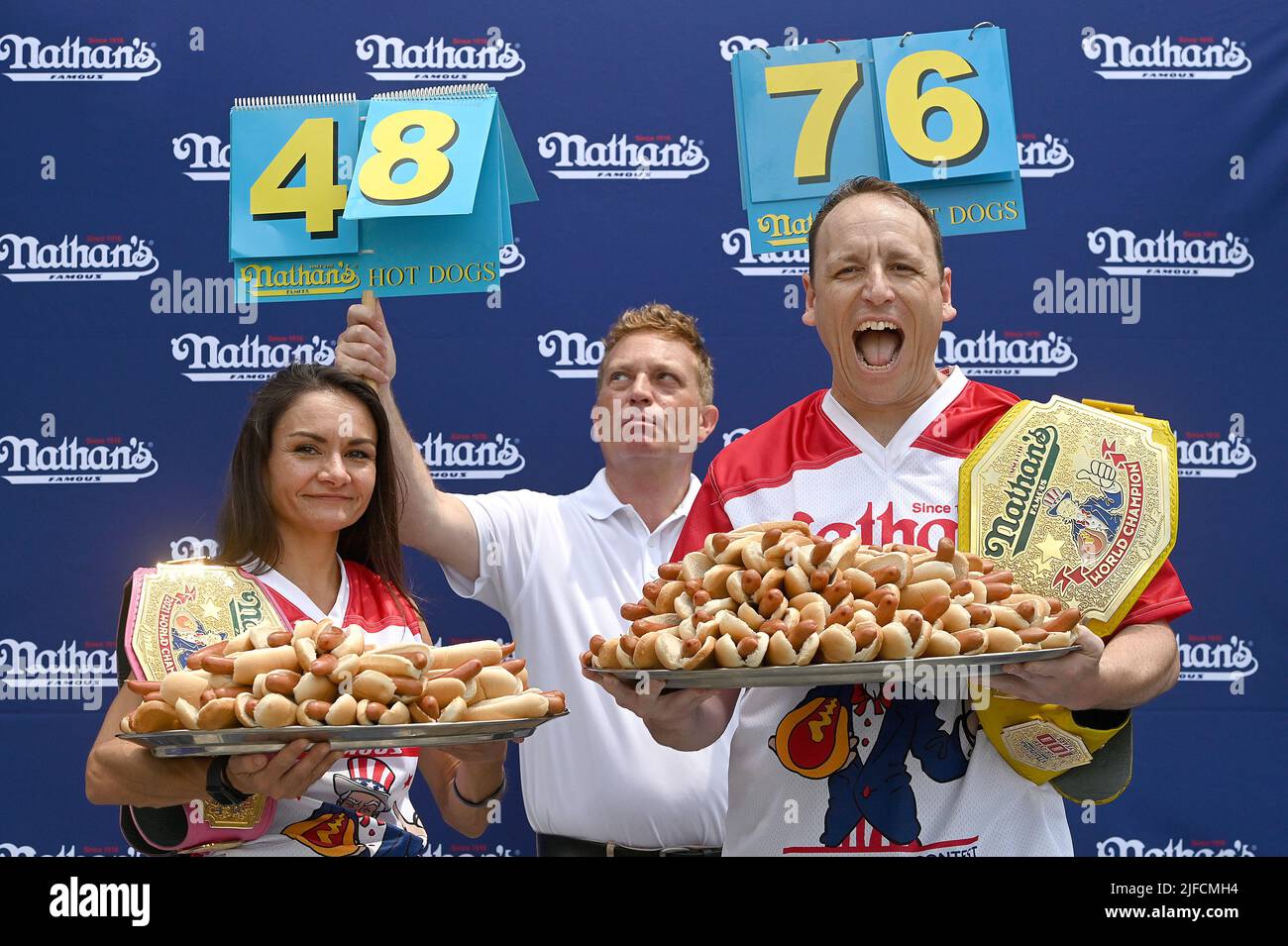 New York, USA. 01st July, 2022. Previous year winners of the hot dog ...