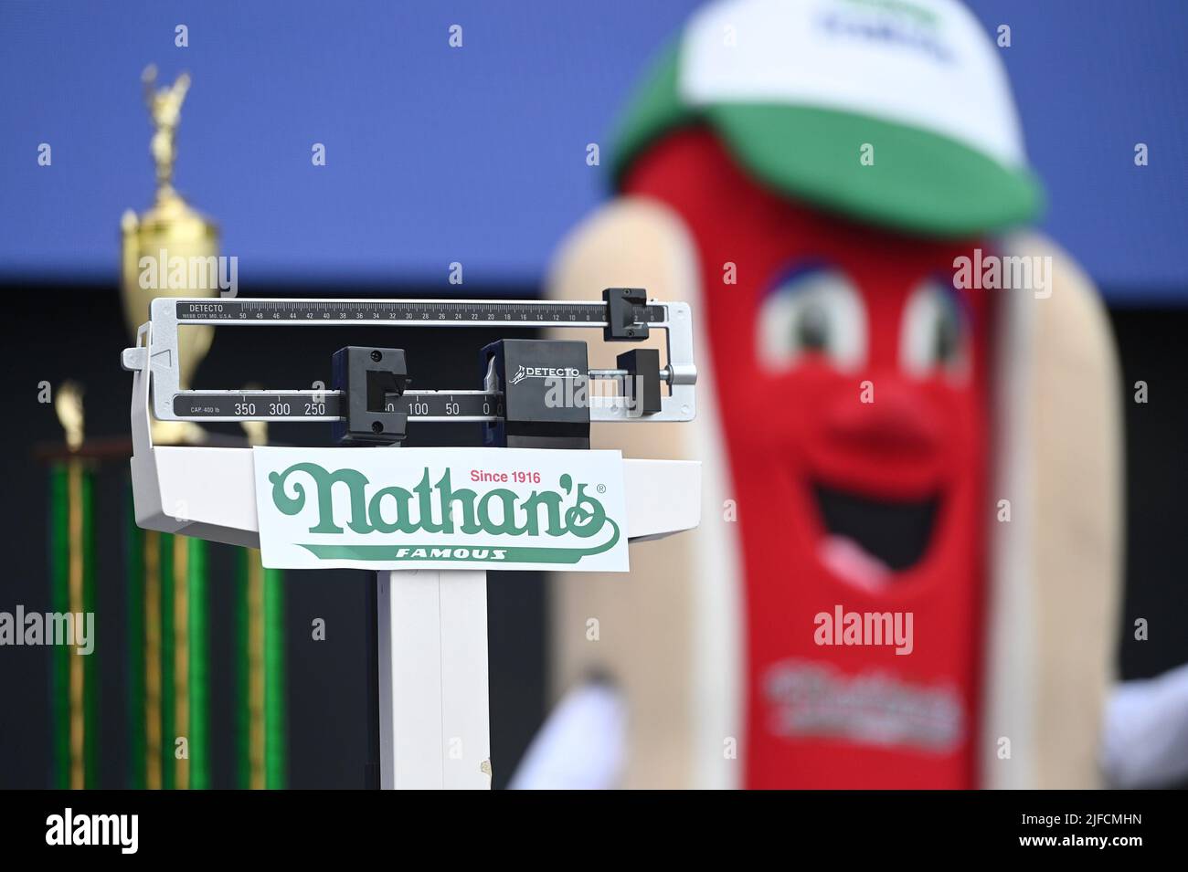 New York, USA. 01st July, 2022. Frankster the hot dog mascot attends ...