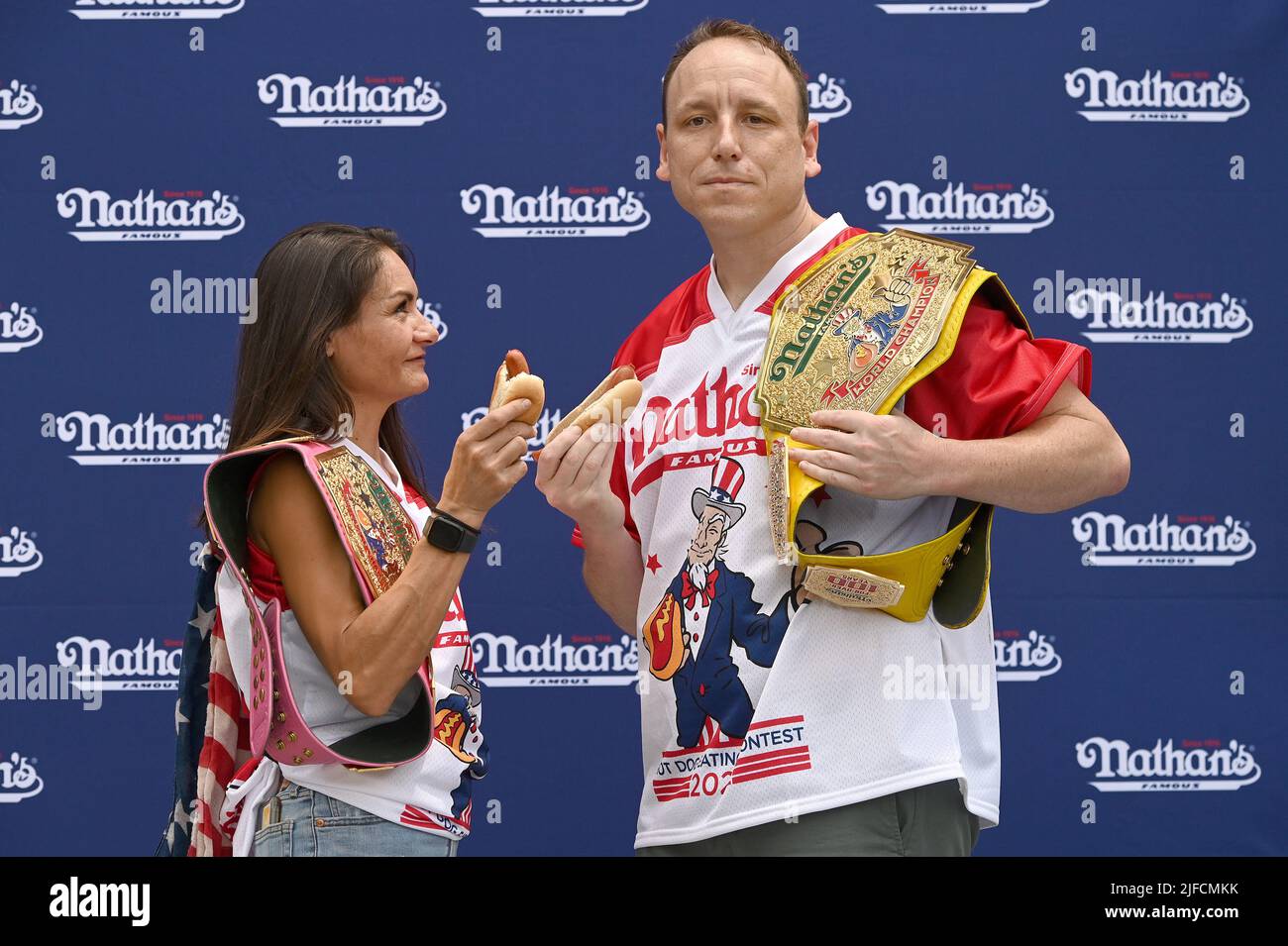 New York, USA. 01st July, 2022. Previous year winners of the hot dog ...