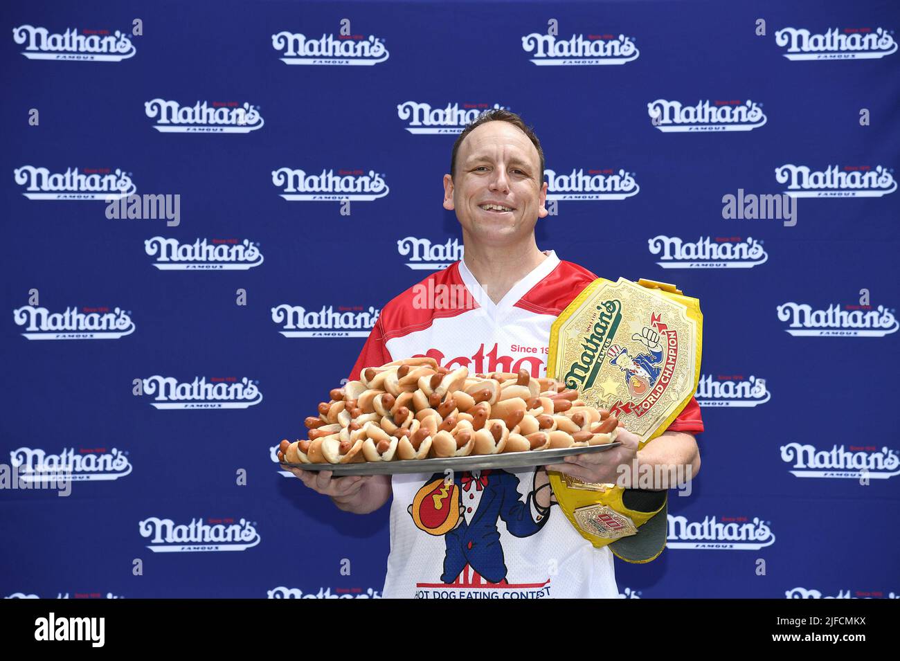 New York, USA. 01st July, 2022. Hot dog eating World Champion Joey ...