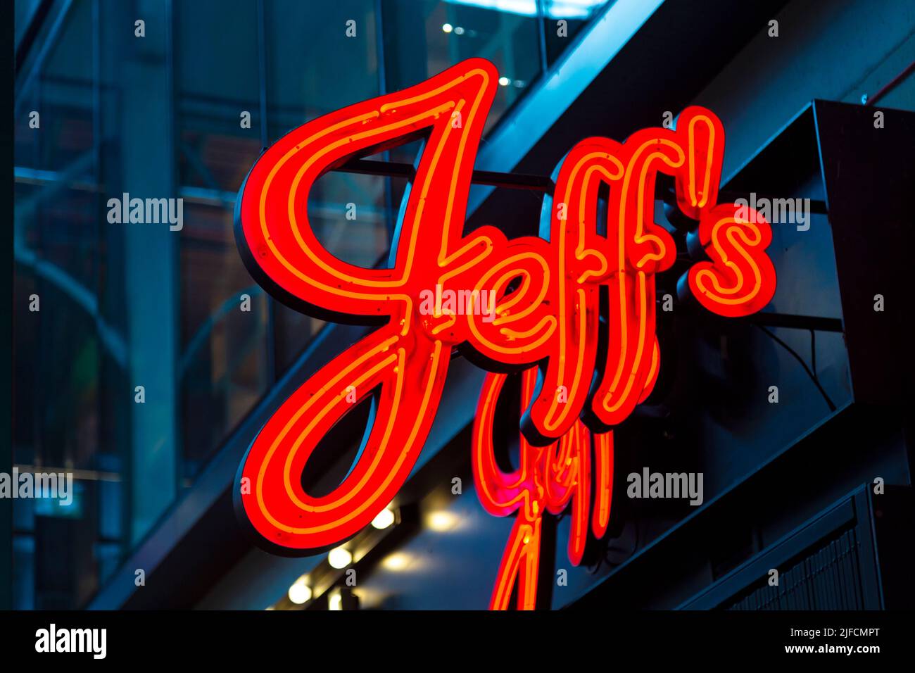 Neon sign for American diner style restaurant Jeff's at Hala Koszyki ...