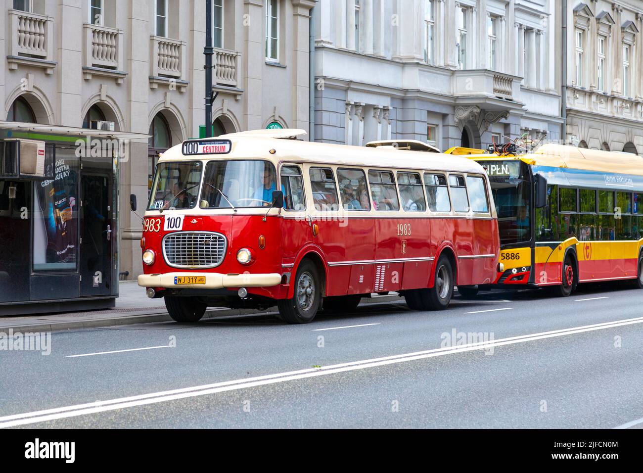Historic retro 1960s Jelcz bus number 100 tourist line in Warsaw ...