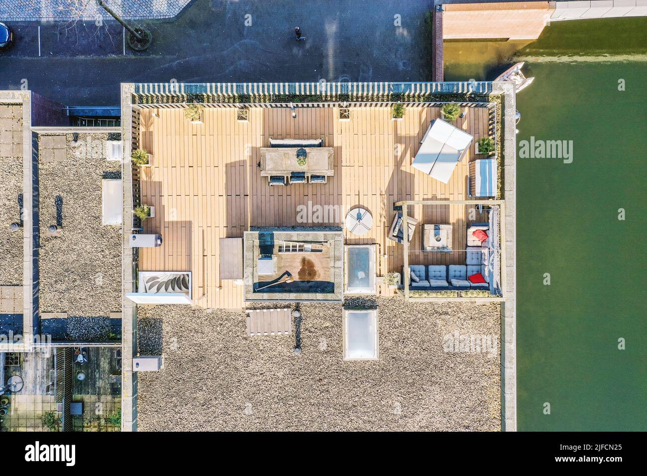 Top view of the recreation area located on the roof of an apartment ...